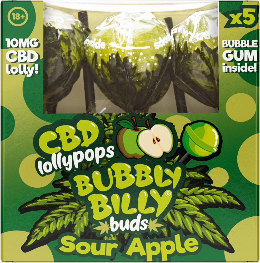 Bubbly Billy Buds 10 mg CBD Sour Apple Lollies with Bubblegum Inside – Gift Box (5 Lollies), 100 g