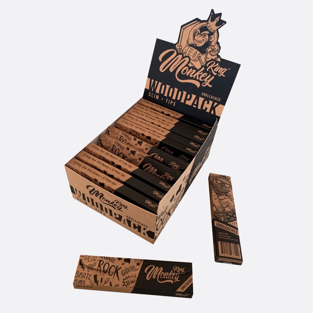 Monkey King Woodpack Unbleached Rolling Papers and Tips